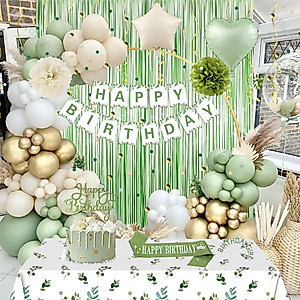 Sage Green Birthday Decorations, Green Gold Balloons Birthday Party Decorations Happy Birthday Banner Green Fringe Curtain Tablecloth Birthday Crown Sash Paper Pom Poms for Girls Women Birthday Decor