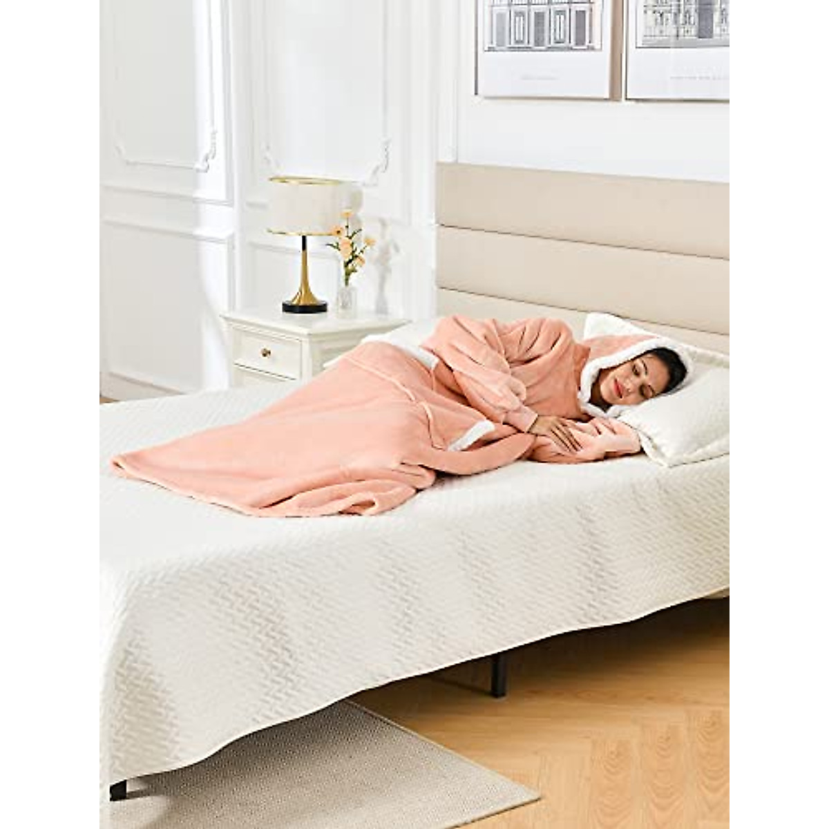 Jugbey Oversized Lengthened Wearable Blanket Hoodie for Women Men,Cozy Fuzzy Sherpa & Fleece Hooded Blankets,Big Blanket Sweatshirt with Sleeves & Giant Pocket Pink