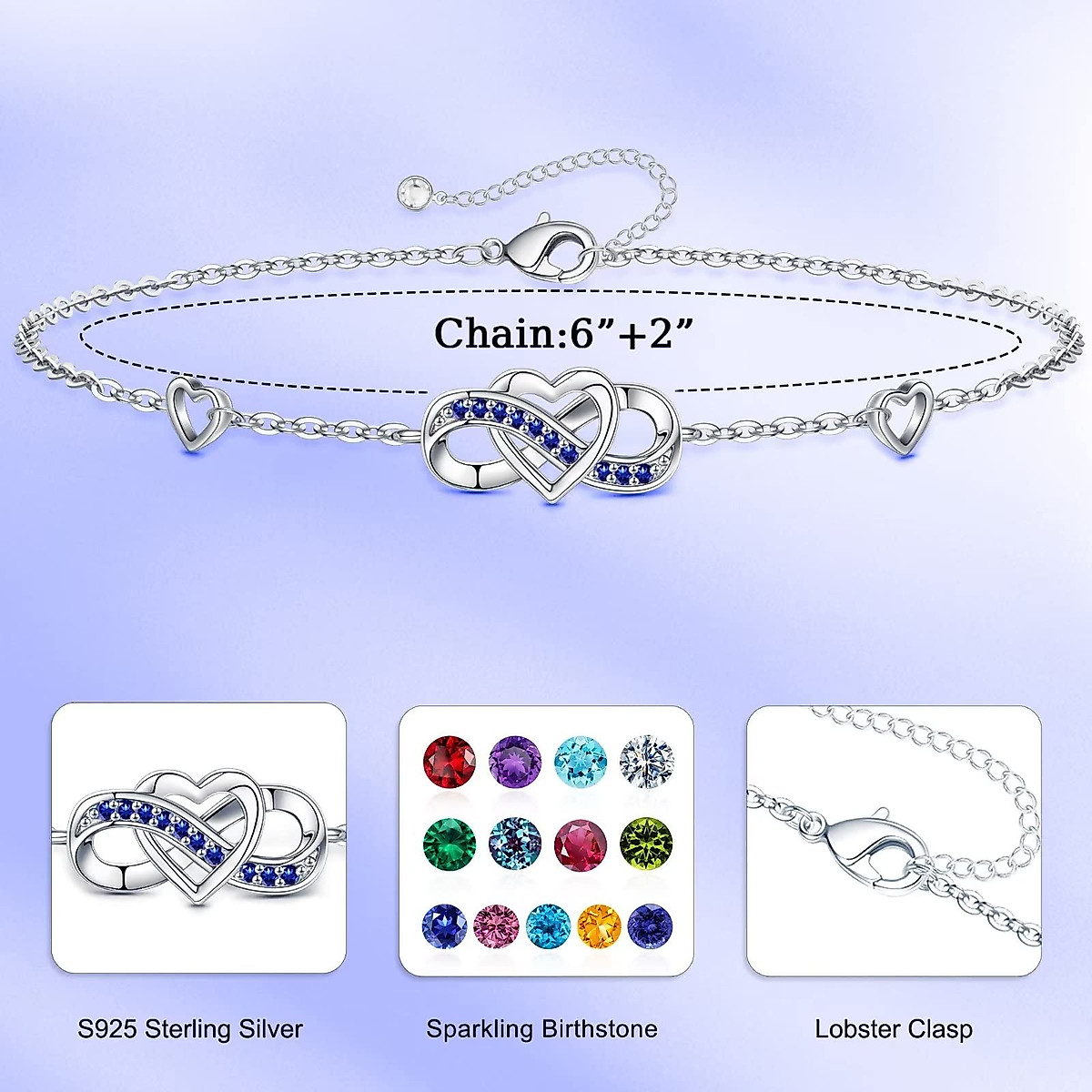 Memorjew Birthstone Bracelet for Women - 925 Sterling Silver Bracelet Gifts for Women, September Sapphire Birthstone Bracelet Charms Gifts Anniversary Mothers Day Birthday Gifts for Women