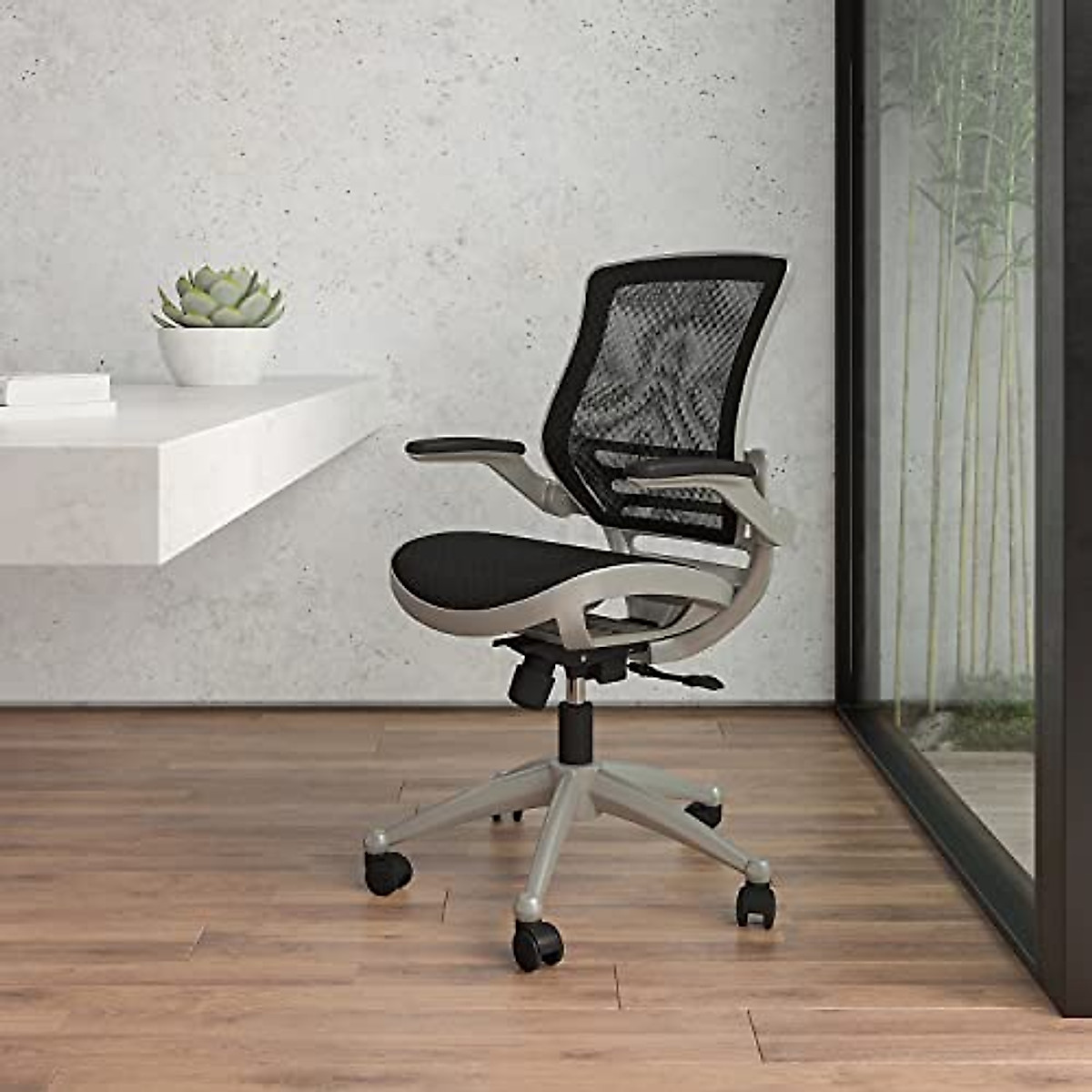 Flash Furniture Warfield Mid-Back Transparent Black Mesh Executive Swivel Office Chair with Graphite Silver Frame and Flip-Up Arms