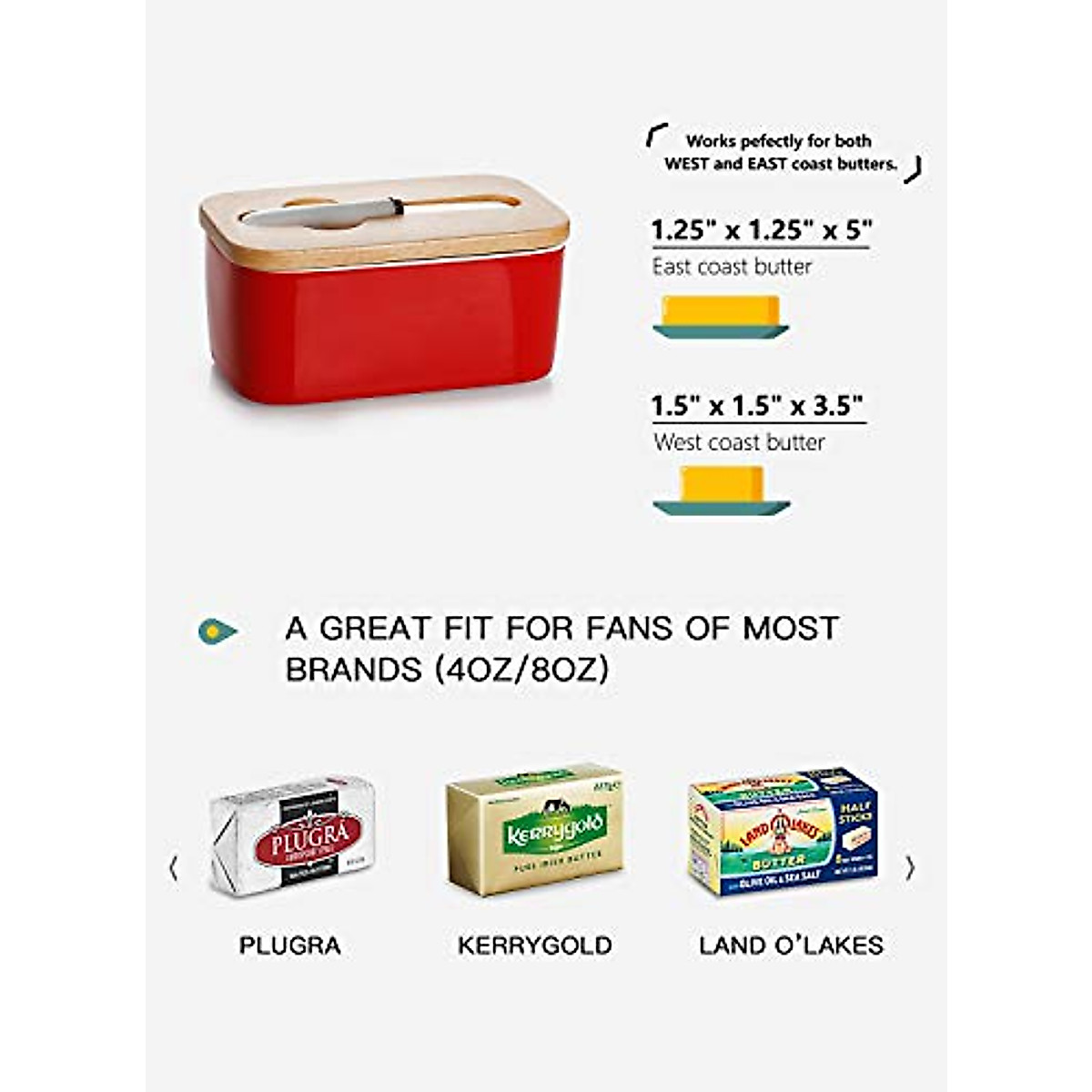 Sweese 324.104 Large Butter Dish with Knife - Airtight Butter Keeper Holds Up to 2 Sticks of Butter - Porcelain Container with Beech Wooden Lid, Red