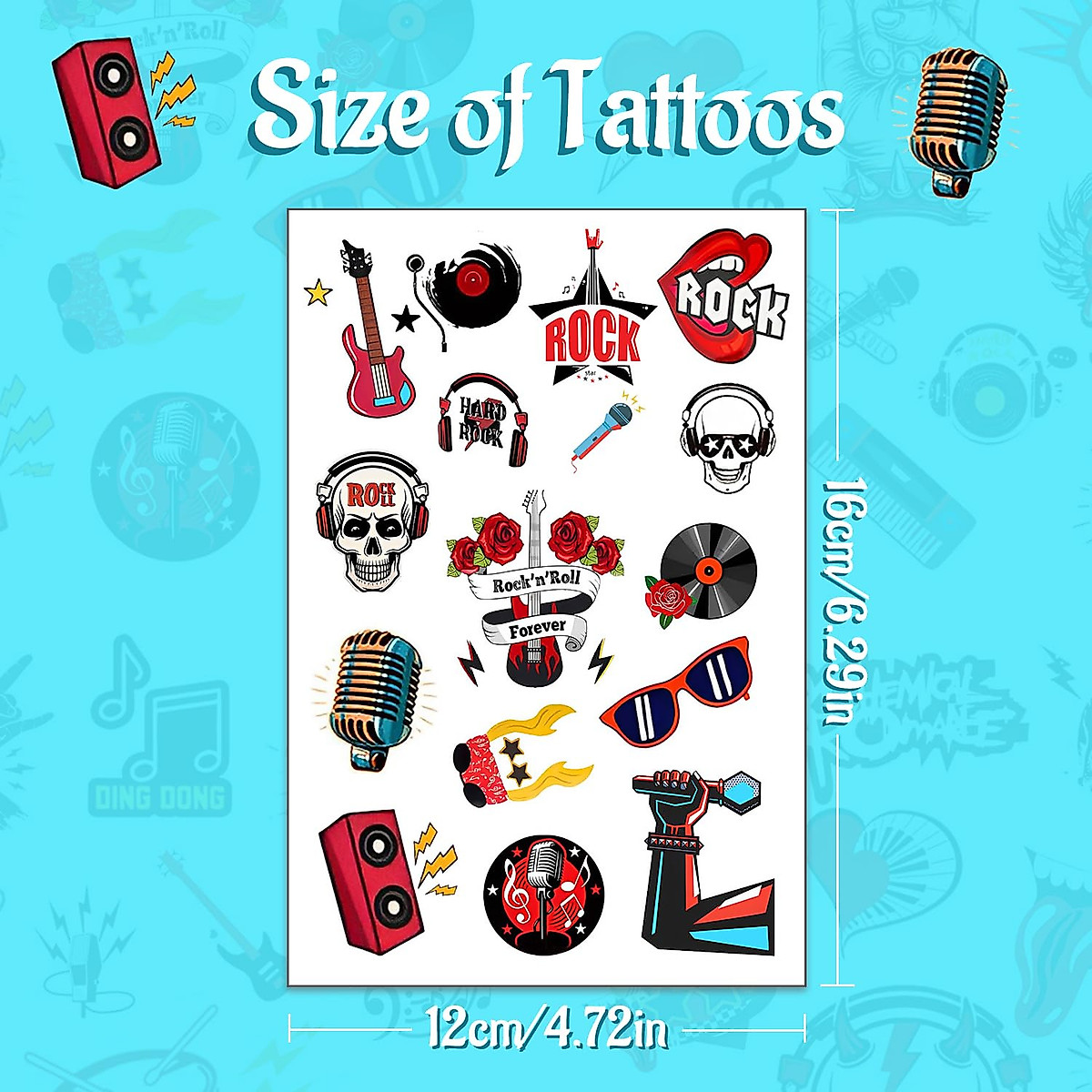 20 Sheets Rock and Roll Temporary Tattoos Party Favors for Rock Star, Born to Rock, 50s/80s Rock Theme Party Decorations Supplies Gifts