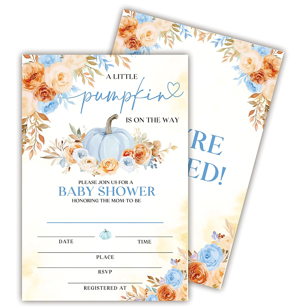 Hsupl 25 Set Double Print Baby Shower Invitation Cards(4"x6")-A Little Pumpkin Is On The Way Autumn Card-Floral Watercolor Blue Pumpkin Invitation Card With Envelope-Baby Gender Announcement-A07