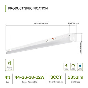 ASD 4ft LED Linear Strip Light Fixture with Emergency Battery Backup - 22W-44W 5853LM Linkable LED Shop Light - 3500K-5000K Adjustable Dimmable Commercial Ceiling Light Fixture - UL DLC