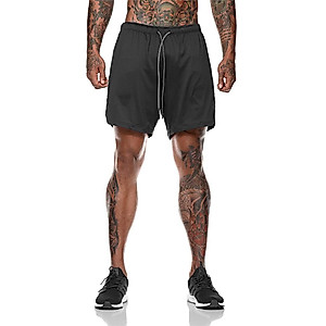 Akk Men's 2 in 1 Running Workout Training Yoga Gym Sport Zipper Phone Pockets Shorts, Black, Medium