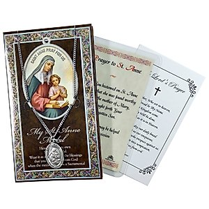 Saint Anne Medallion with St Anne Prayer Card, Lord's Prayer Card | St Anne Medal Necklace Jewelry | Catholic Patron Saint Of Unmarried Women, Mothers, Grandmothers Themed Set, Total 3 Items