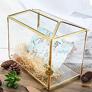HighFree 10.2" Glass Wedding Card Box with Slot & Lock, Handmade Copper Gold Geometric Terrarium, Clear Display Box for Wedding Reception, Wishwell, Keepsake
