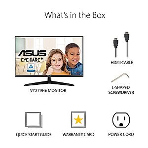 ASUS VY279HE 27” Eye Care Monitor, 1080P Full HD, 75Hz, IPS, 1ms, Adaptive-Sync, Eye Care Plus, Color Augmentation, HDMI VGA, Frameless, VESA Wall Mountable