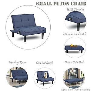 JUBILOOM Comfy Mini Couches, Small Recliner Futon with Adjustable Backrest (USB Ports), Single Mini Couch Small Space, Recliner Chairs for Living Room, Bedroom, Home, Blue, 1Pack, 306BL1USB