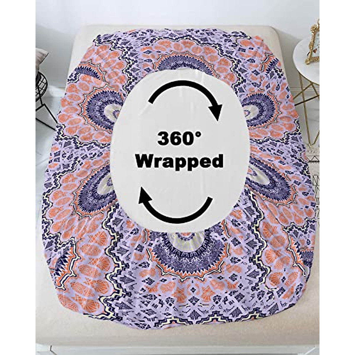 Fitted Sheet Twin XL Size Bed Sheets with Deep Pocket,Indian Mandala Abstract Floral Brushed Microfiber Hotel Bed Sheet with Pillow Case,Ethnic Style Circle Line Block Mattress Cover with Elastic