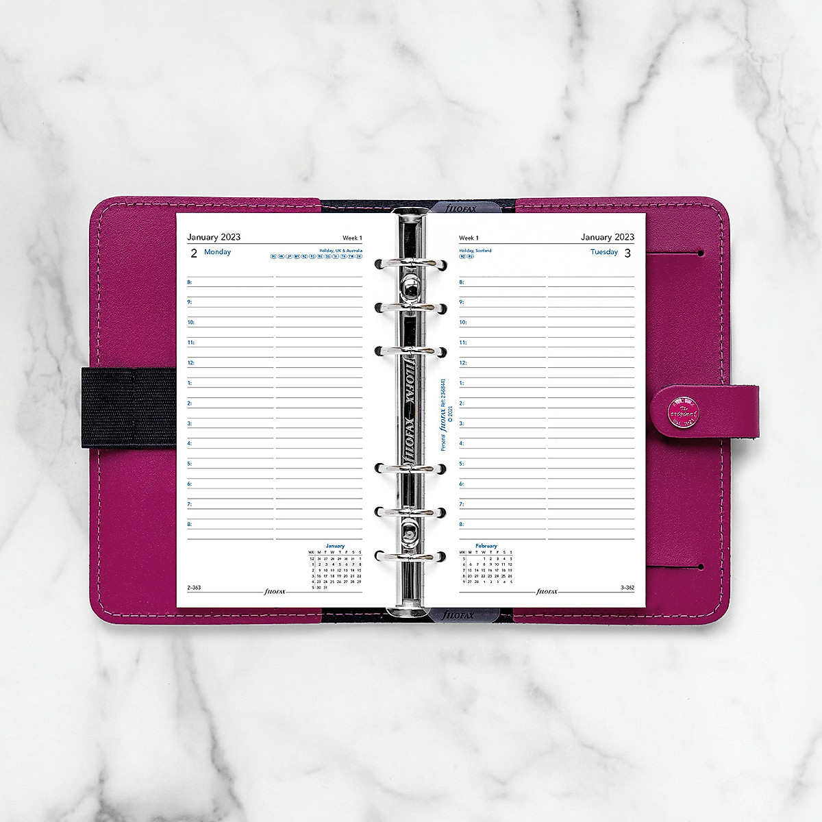 Filofax Refill, Personal/Compact Size, Day on One Page with Appointments, Ruled, White Paper, English, 2023 (68441-2018)