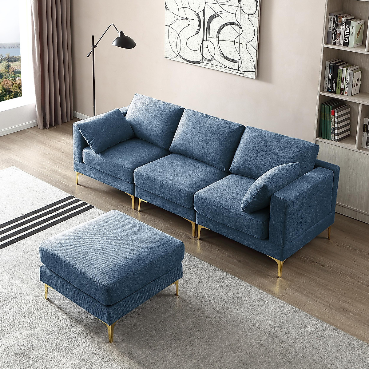 POCIYIHOME 92.9" Convertible Sectional Sofa Couch with Seat Cushion, Modern Leisure L-Shape Couch with 2 Pillows, 4-Seater Sofa Chaise with Metal Legs for Living Room,Bedroom,Office, Polyester, Blue