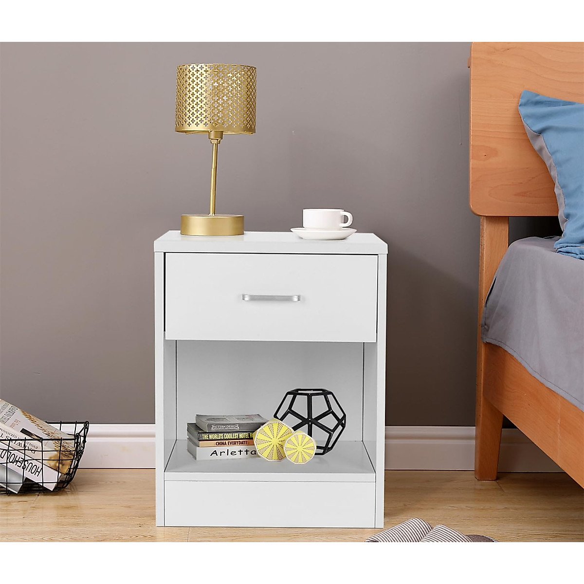 TRIPLE TREE White Nightstands Set of 2, End Table with Bin Drawer and Open Shelf, Small Dresser Bedside Table for Living Room Bedroom