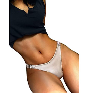 BY.ECG Women's Satin Shine Strap Thong Rhinestone Panty Nude 1 Pack(L)