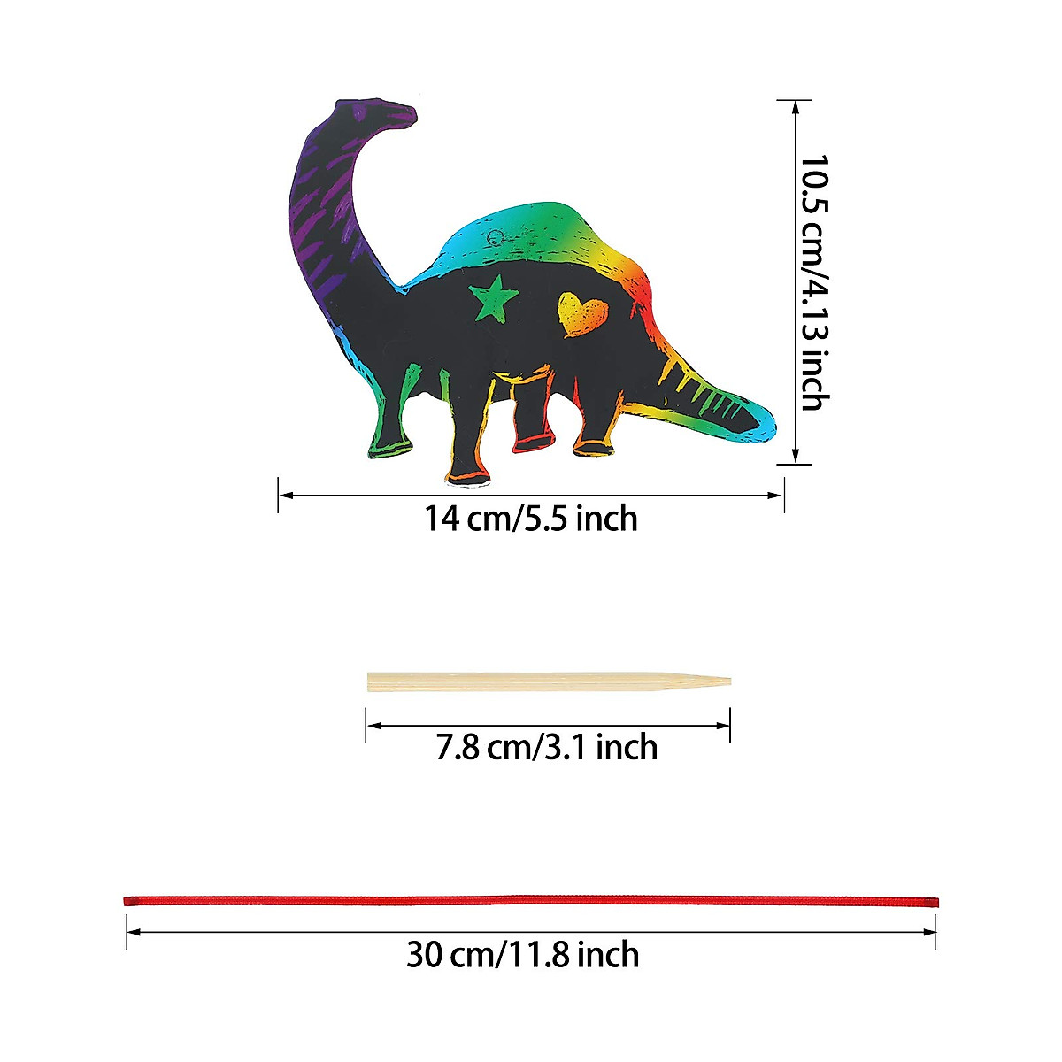 Outus 48 Pieces Scratch Dinosaur Paper Scratch Paper Dinosaur Craft Art Kits with 24 Pieces Wooden Styluses and 48 Pieces Ribbons for Dinosaur Birthday Party Game Supplies