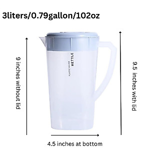 3 Litre/0.79 Gallon Plastic Pitcher with LidBPA-FREE Eco-Friendly juice containers with lids Water Jug for Hot/Cold Juice Beverage Ice Tea Kettle 102 oz Transparent