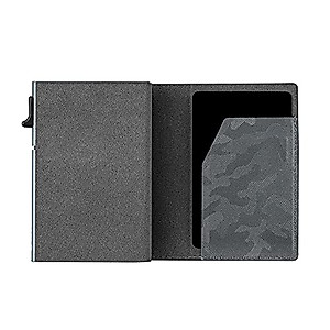 Conceal Plus Slide Up Wallet for Men, Secure Scan Proof Wallet with Pop Up Card Wallet Once Click Acess - Makes a Great Gift or Travel Wallet (Gray PU Camo & Titanium Metal)