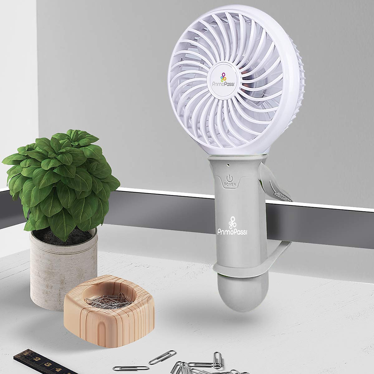 Primo Passi Handheld Fan USB Rechargeable Turbo Portable Stroller Fan, 3 in1 Multi Function Fan, Rechargeable, Led Light and Even Works as a Power Bank. Battery Operated Make up Fan (Pink)