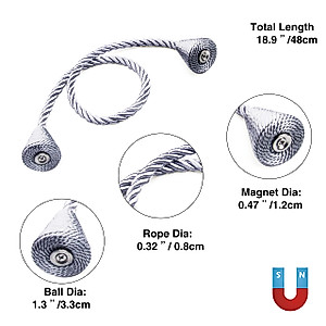 Nieffeiy 2 Pack Magnetic Curtain Tiebacks Rope Modern Handmade Curtain Tie Backs Decorative Drapes Weave Holdbacks for Window Décor, Grey