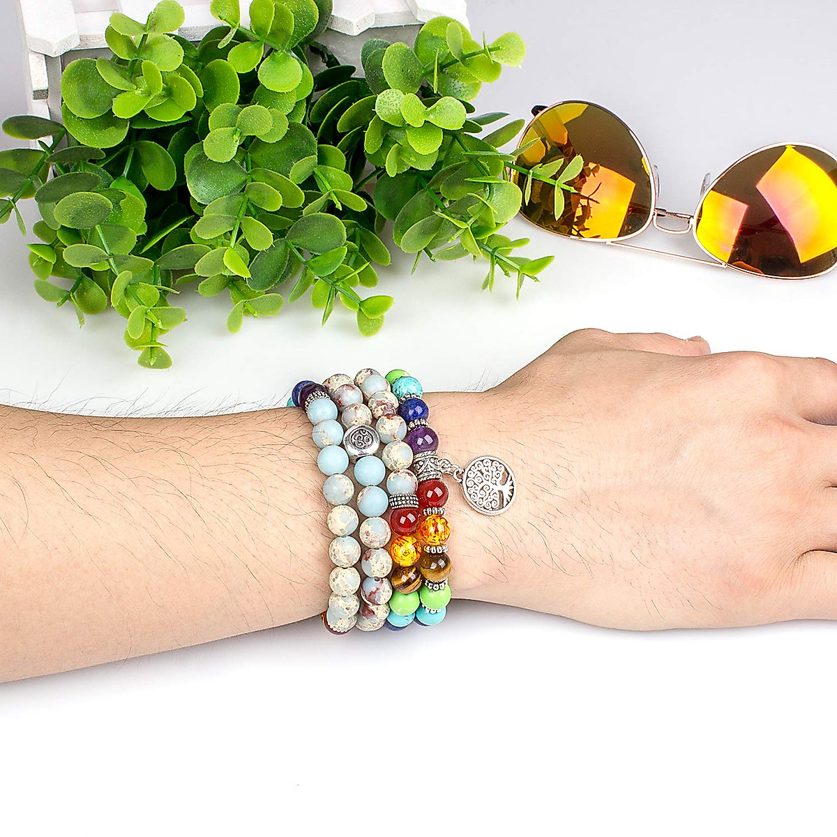 Addmluck 108 Mala Beads Meditation Necklace 7 Chakra Tree of Life Pendant Necklace Prayer Buddha Beaded Bracelets Healing Stone Yoga Necklace for Men and Women Jewelry(shoushan stone)