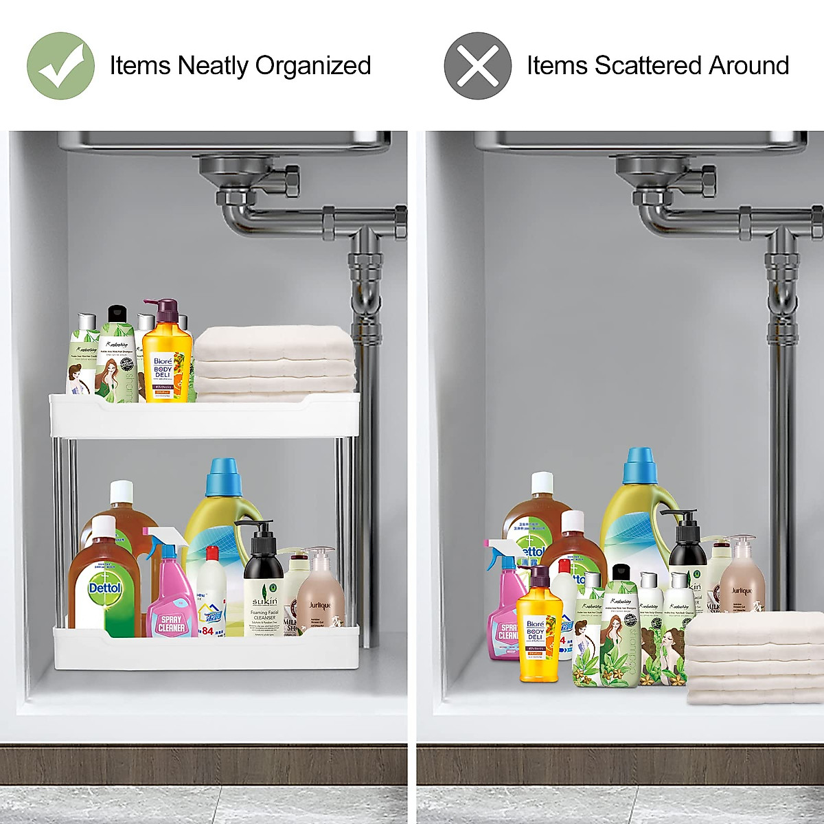 Under Sink Organizers and Storage, COCOJAM Under Kitchen Sink Organizers and Storage, 2 Tier Bathroom Cabinet Organizer with Hooks, Bathroom Storage Organizer Multi-purpose, White