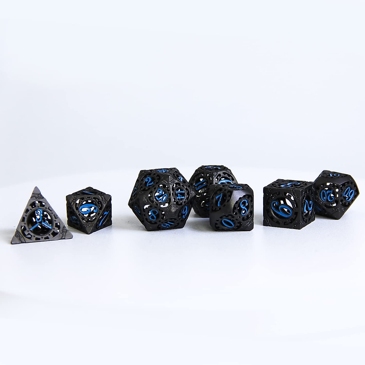 BEWTEIM New Version Steampunk Gear DND Dice Set 7pcs Polyhedral Dice d&d Dungeons and Dragons Dice Gifts RPG,MTG,Pathfinder Role Playing Games (Black Blue, Hollow)