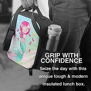 Kids Lunch Box, Insulated Lunch Bag for Girls, Pink Mermaid Cute Lunch Bag with Shoulder Strap, School Bento Lunch Box for Kids Toddlers Teens, Small Black Reusable Cooler Thermal Meal Tote Kit