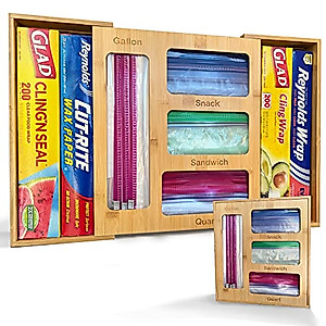 Ziplock Bag Organizer for Drawer, 6-in-1 Expandable Plastic Bag Organizer, Ziploc Bag Organizer, Baggie Organizer, Sandwich Bag Organizer, Foil & Plastic Wrap Organizer, Bamboo Food Storage Bag