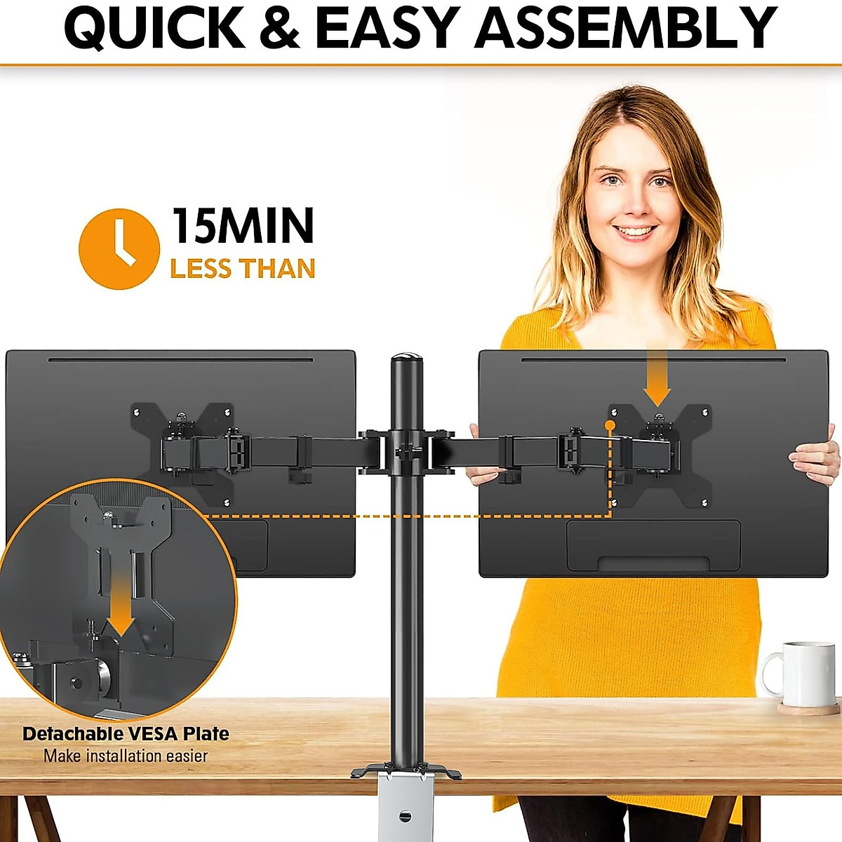 MOUNTUP Dual Monitor Desk Mount, Fully Adjustable Dual Monitor Arm for 2 Max 32 Inch Computer Screens up to 17.6lbs, Dual Monitor Stand Fit Two VESA 75x75&100x100, with C-Clamp and Grommet Base MU0002