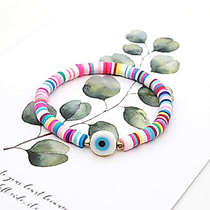 2Pcs/Set Rainbow Clay Beads Evil Eye Bracelets Set Stackable Beaded Handwoven Colorful Bracelet Surfer Summer Boho Layering Friendship Jewelry for Women Men Girls Boys Beach Gift