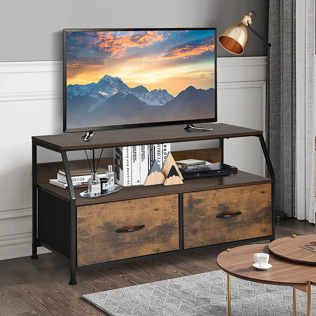 SILKYDRY Dresser TV Stand, Entertainment Center Media Console Table with 2 Folding Fabric Drawers & 2 Open Shelves for TV up to 43’’, Storage Drawer TV Unit for Bedroom, Living Room (Rustic Brown)