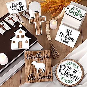 15 Pcs Easter Tiered Tray Decor Set, Table Top Decor Farmhouse Wooden Block Signs Wood Cross Decor with LED String Lights for Easter Home Kitchen Decorations