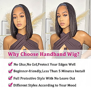 AISI Headband Wigs Human Hair Bob Headband Wigs for Black Women Easy Put On and Go Glueless Wigs Short Straight Wigs Machine Made 150% Density No Lace Headband Wig Natural Color(10 Inch)