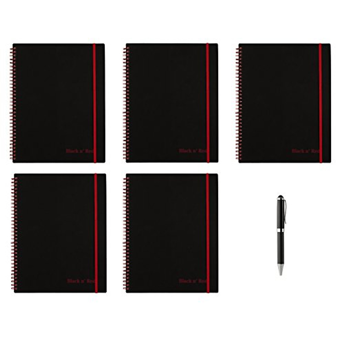 Black n' Red Twin Wire Poly Cover Notebook, 11" x 8-1/2", Black/Red, 70 Ruled Sheets. 5 Pack (K66652) - Bundle Includes Plexon Ballpoint Pen