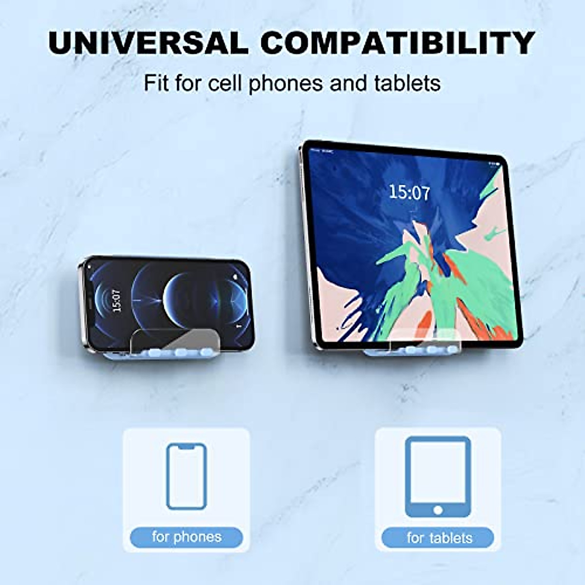 Wall Phone Holder, xuenair Adhesive Wall Mount Phone Holder, Adjustable Angle Cell Phone Wall Mount Holder with Hooks for Bathroom Bedroom Kitchen Or Dorm(Blue)