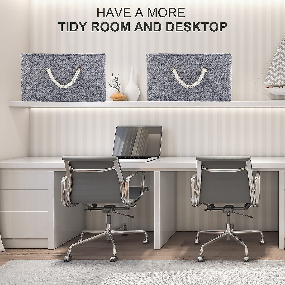 MeiMart Foldable Storage Box with Lid, Collapsible Linen Fabric Clothing Storage Bin Organizer Container Basket with Cover for Home/Bedroom/Office (Large