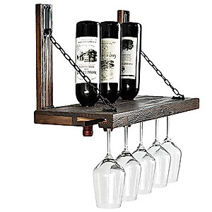Wall Mounted Wine Rack with Glass Holder, Floating Wine Shelf for Kitchen, Rustic Pine Wood
