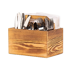 Utensil and Napkin Holder Flatware Caddy with Handle in Rustic Wood for Forks, Spoons and Knives, Silverware Organizer