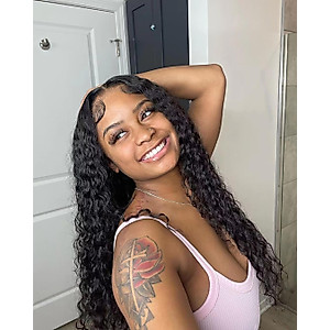 Josblue 4x4 Deep Wave Lace Closure Wigs Human Hair for Black Women Curly Human Hair Wigs Glueless Wigs Human Hair Pre Plucked Deep Wave Peruvian Virgin Wet and Wavy Human Hair Wigs 150% Density