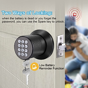 FITNATE Door Knob with Keypad,Digital Door Lock for Keyless Entry,Electronic Door Lock with Spare Keys,Auto Lock, Anti-Slip Handle, Easy to Install for Bedroom,Home and Office