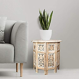 Solid Wood Hand Carved Accent Table, Side Table, entryway Table, Wooden end Table, Bedside Table, Octagonal Wooden Table - 18 Inch Round Top x 18 Inch High - White Wash