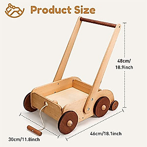 Woodtoe Wooden Baby Walker, Adjustable Speed Anti-Rollover Push Walker Toy for Babies Learning to Walk, Natural Wood Toddler Push and Pull Baby Walker Wagon Gift for Boy Girl 1 2 3(Patent Protection)