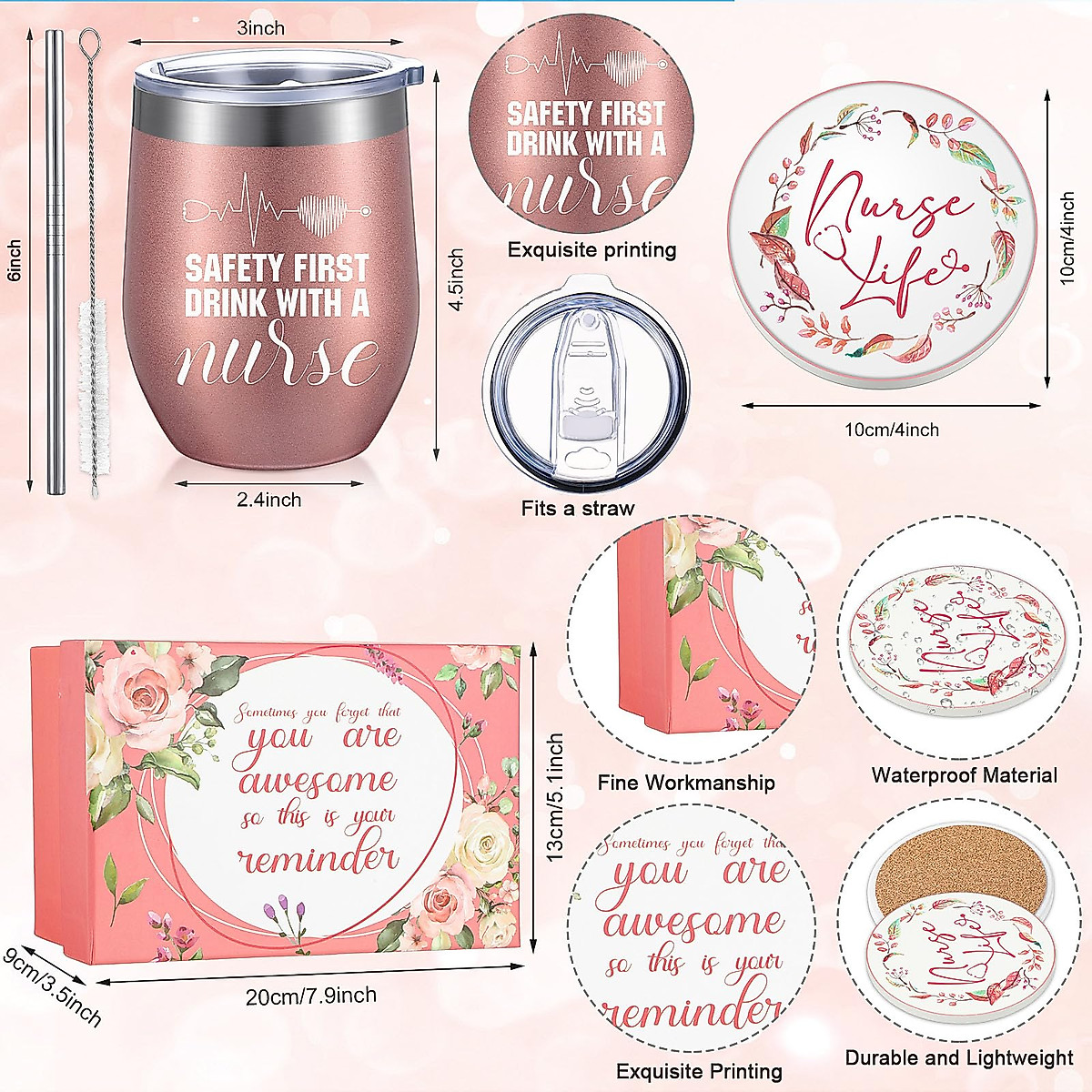 Coume Nurse Gift Box for Women 9 Pieces Nurse Appreciation Gift Set Nurses Customized Wine Tumbler Present Set Thank You Gift for Nursing School Graduation Gifts NICU Nurse Gifts (Rose Gold)