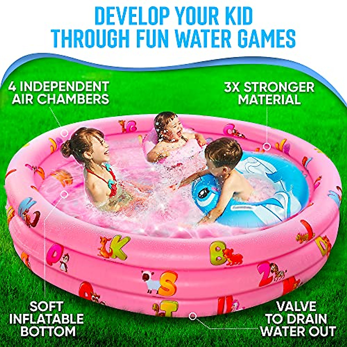 Inflatable Kiddie Pool for Kids - Kids Pools for Backyard - Swimming Pool for Kids, Toddlers, Baby - 3 Ring Pools for Inside and Outside - Durable Material with Soft Blow Up Bubble Botton, Pink