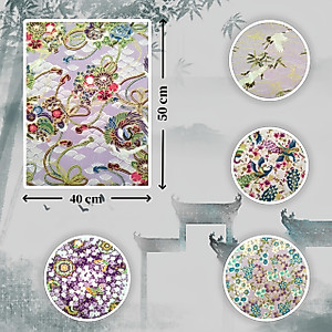Fat Quarters Fabric Bundles, Japanese Purple Fabric 5 PCS 5 Designs,Kimono Peacock Cherry Blossom Red Crowned Crane Printed Sewing Fabric Squares 19.6 x 15.8 Inch for Quilting Wrapping Cloth DIY