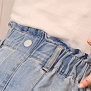 Aislor Kids Girls Fishtail Embroidery Pearls Ruffle Waist Denim Shorts Distressed Jean Shorts Hot Pants with Pockets Light Blue 11-12 Years