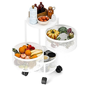 curfair Rotating Storage Rack for Kitchen, 3/4/5 Tier Circular Rotating Storage Shelf Kitchen Storage Cart, Fruit Metal Wire Basket Shelf for Kitchen,Living,Room and Bathroom White Four Layer