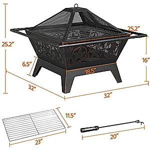 Yaheetech 32in Outdoor Fire Pit Metal Square Firepit Wood Burning Backyard Patio Garden Beaches Camping Picnic Bonfire Stove with Spark Screen, Log Poker