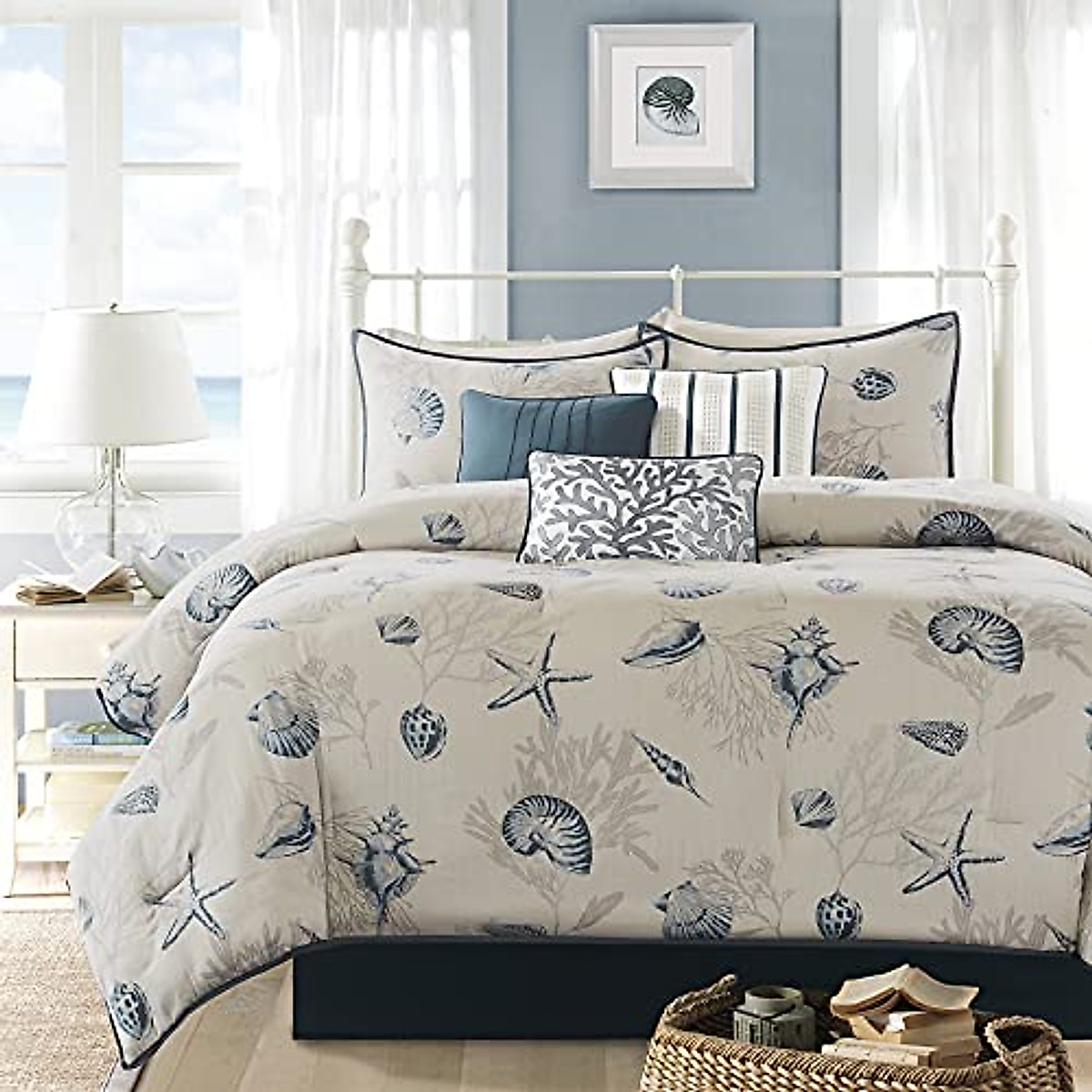 Madison Park 100% Cotton Comforter Set - Coastal Coral, Starfish Design All Season Down Alternative Cozy Bedding with Matching Shams, Decorative Pillow, King(104"x92"), Taupe 7 Piece
