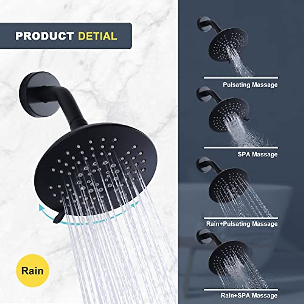WOWOW Matte Black Shower Faucet Set with Tub Spout and 6-Inch Rain Shower Head, Brass Shower System Single Handle Tub and Shower Trim Kit (Valve Included)